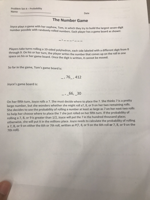Solved Problem Set 4-Probability Name Date The Number Game | Chegg.com