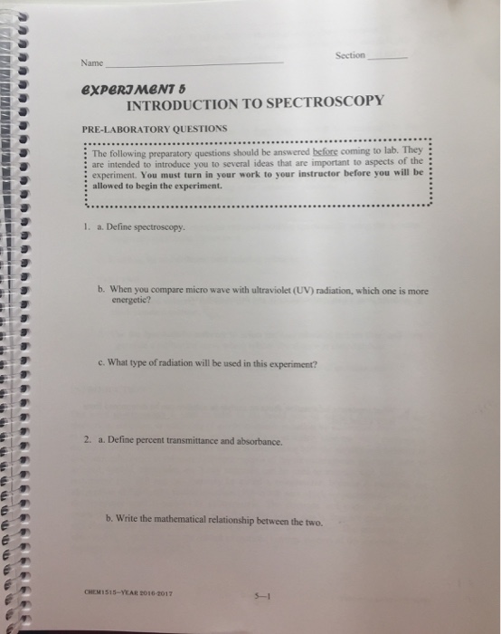 Solved Section Name expeR MENT INTRODUCTION TO SPECTROSCOPY | Chegg.com
