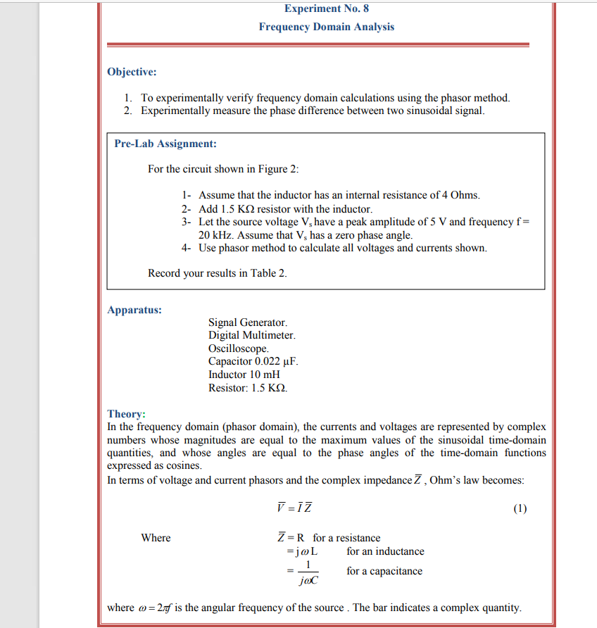 Solved: Experiment No. 8 Frequency Domain Analysis Objecti... | Chegg.com