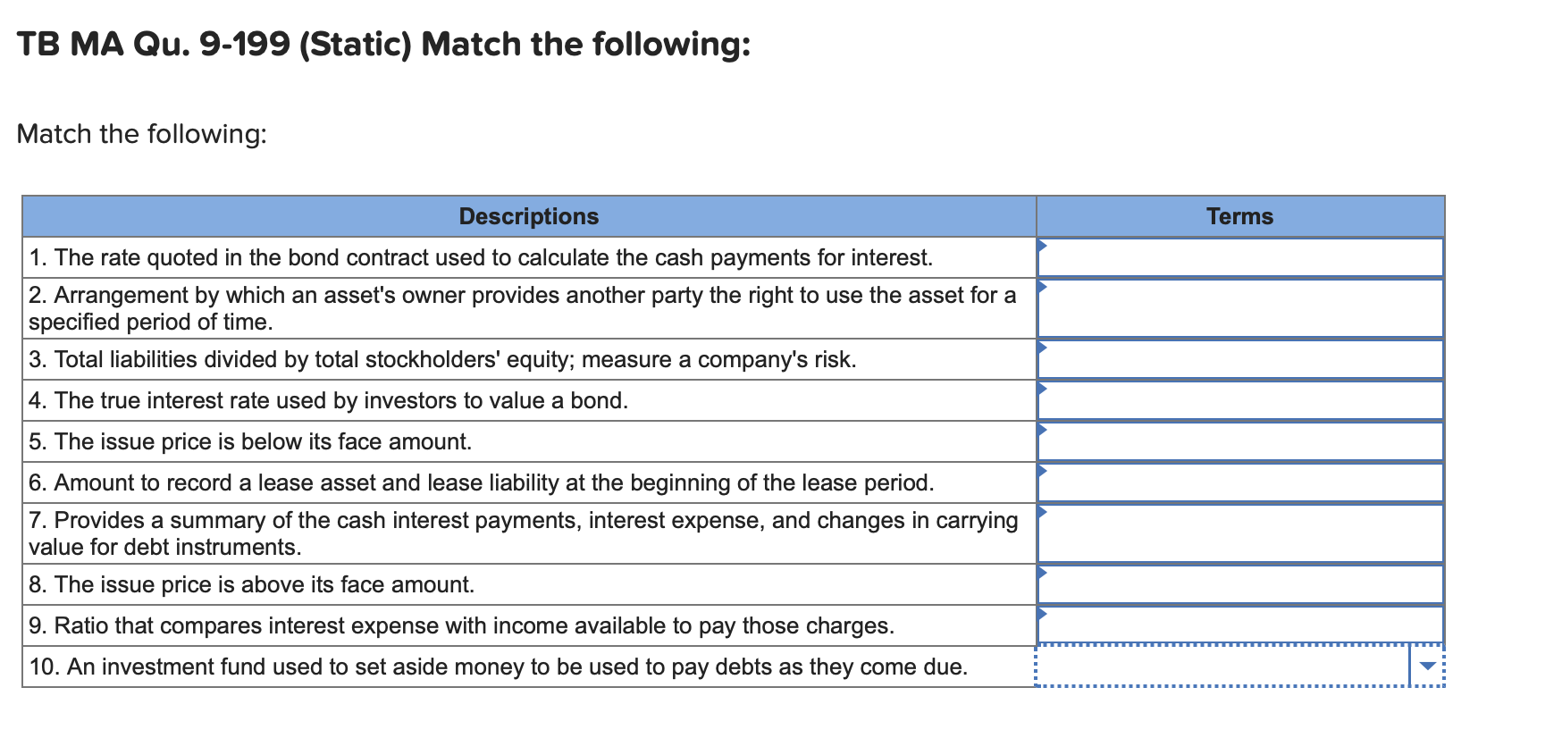 Solved TB MA Qu. 9-199 (Static) Match the following: Match | Chegg.com