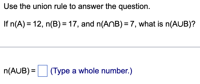 Solved n(A∪B)=, (Type a whole number.) | Chegg.com