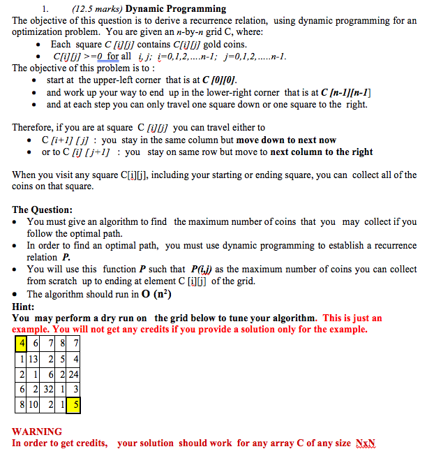 Solved 1. (12.5 marks) Dynamic Programming The objective of | Chegg.com