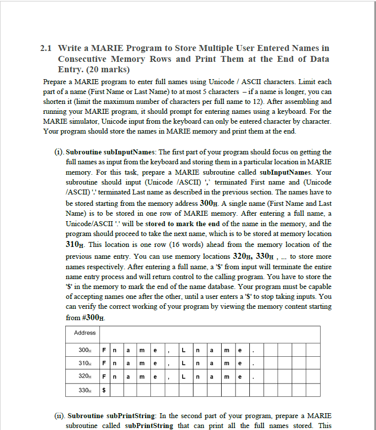 Solved 2.1 Write a MARIE Program to Store Multiple User | Chegg.com