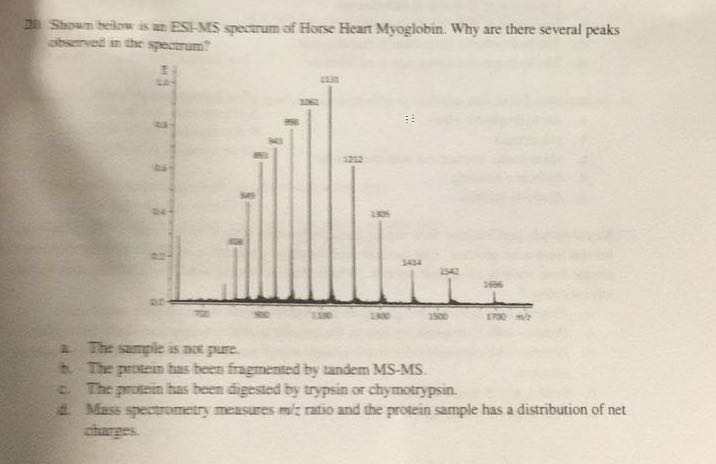 Solved 2B Shown below is an ESI-MS spectrum of Horse Heart | Chegg.com