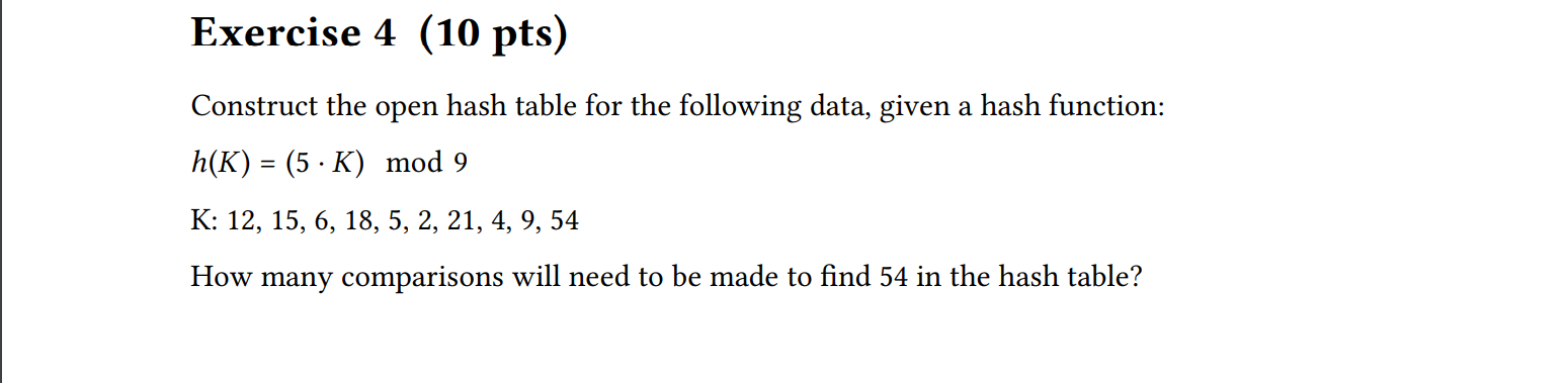 Solved Exercise 4 (10 pts) Construct the open hash table for | Chegg.com