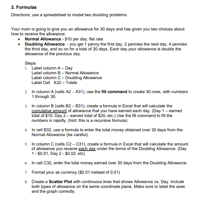 Solved 3. Formulas Directions: use a spreadsheet to model | Chegg.com