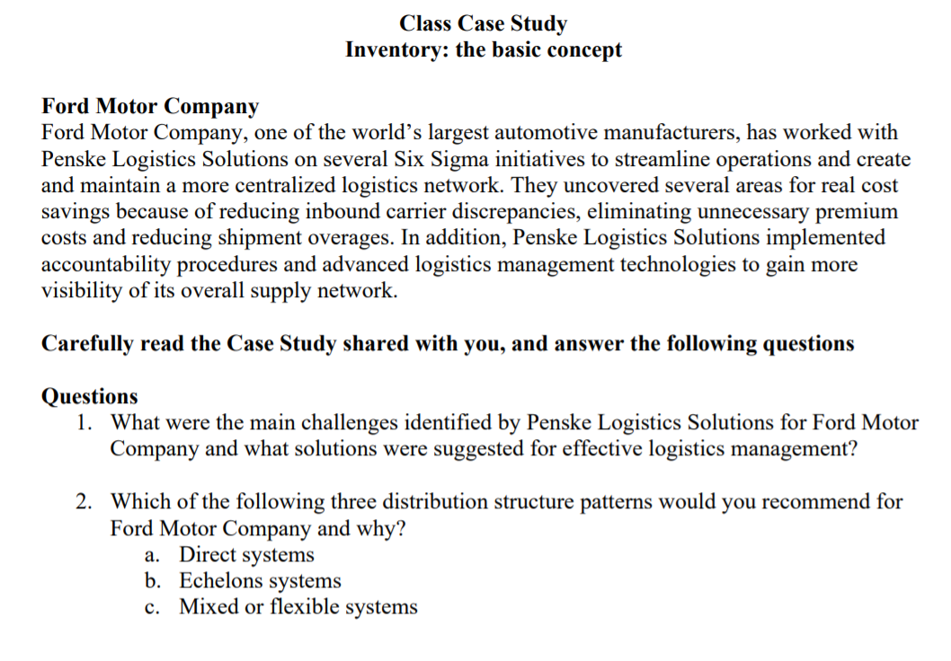 Solved Class Case Study Inventory: the basic concept Ford | Chegg.com