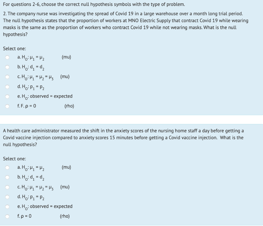 Solved For questions 2-6, choose the correct null hypothesis | Chegg.com