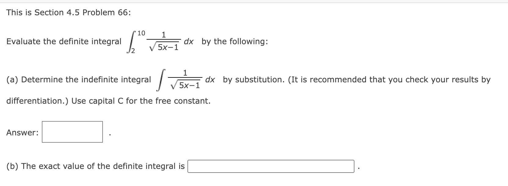Solved This is Section 4.5 ﻿Problem 66:Evaluate the definite | Chegg.com