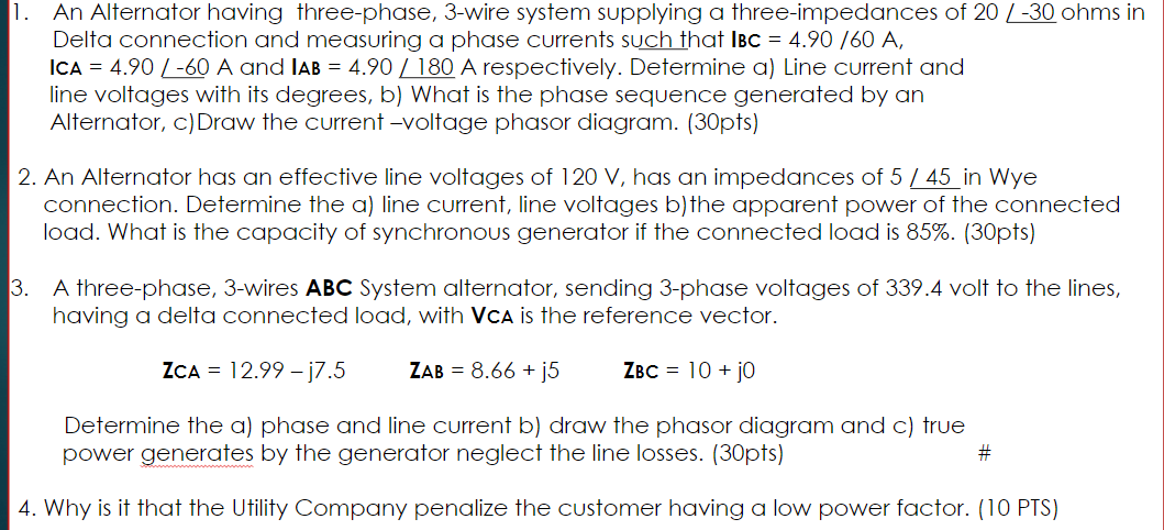 Solved 1. An Alternator having three-phase, 3-wire system | Chegg.com