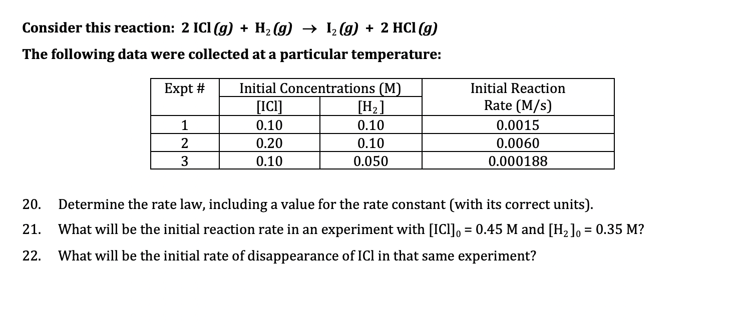 Solved Consider this reaction: 2ICl(g)+H2(g)→I2(g)+2HCl(g) | Chegg.com