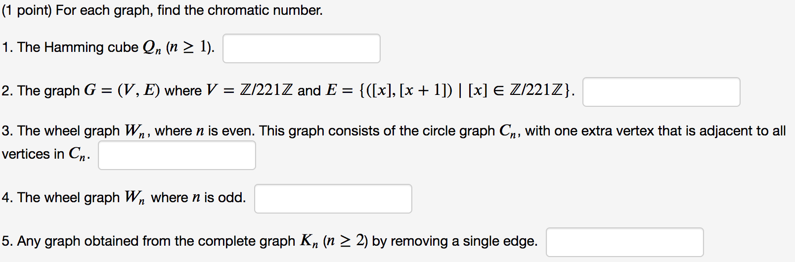 Solved (1 point) For each graph, find the chromatic number. | Chegg.com