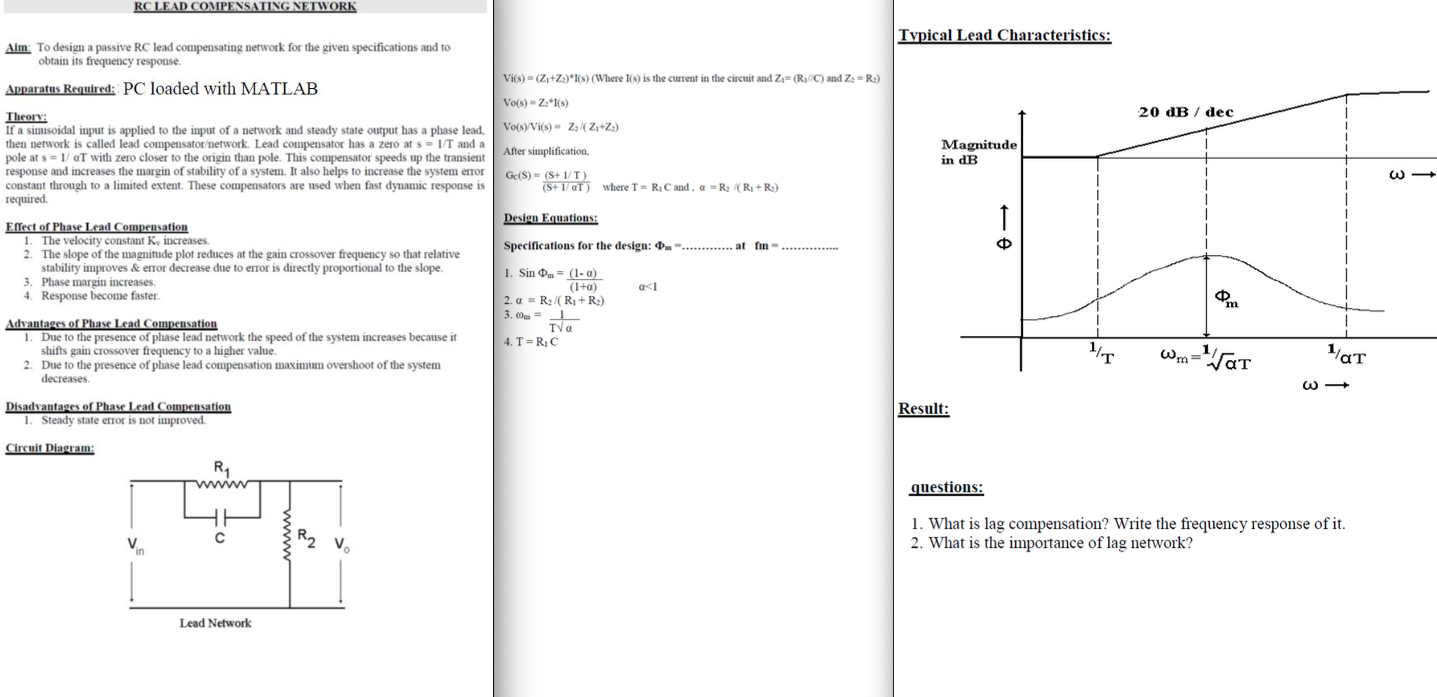Solved RC LEAD COMPENSATING NETWORK Typical Lead | Chegg.com