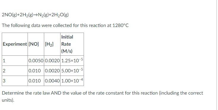 Solved 2NO(g)+2H2(g) →N2(g)+2H2O(g) The following data were | Chegg.com