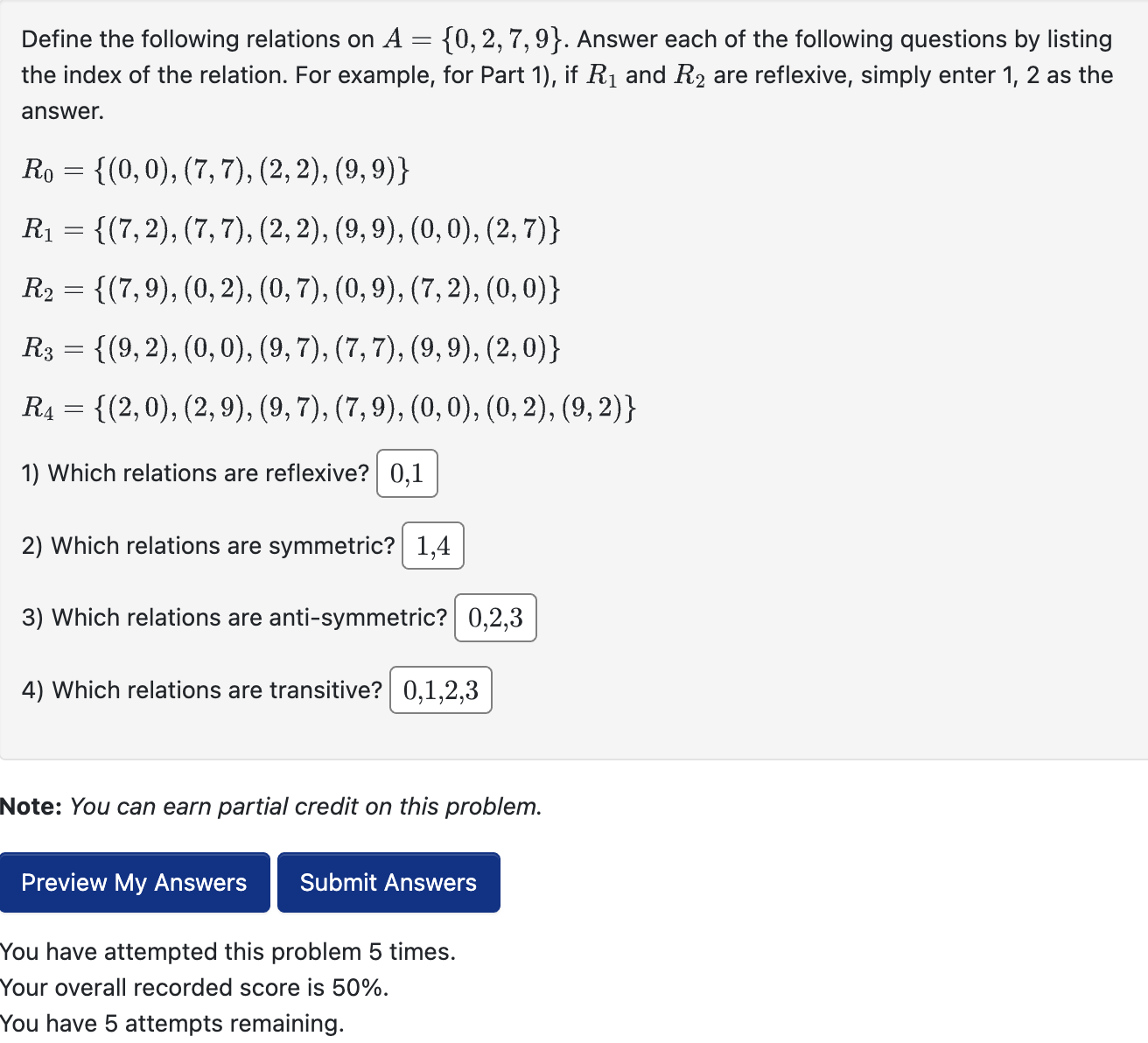Solved Define the following relations on A={0,2,7,9}. Answer | Chegg.com
