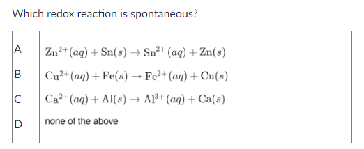 Solved Which redox reaction is spontaneous? | Chegg.com
