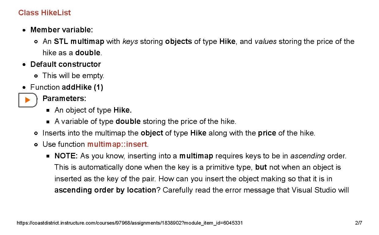 Solved Class HikeList • Member variable: o An STL multimap | Chegg.com