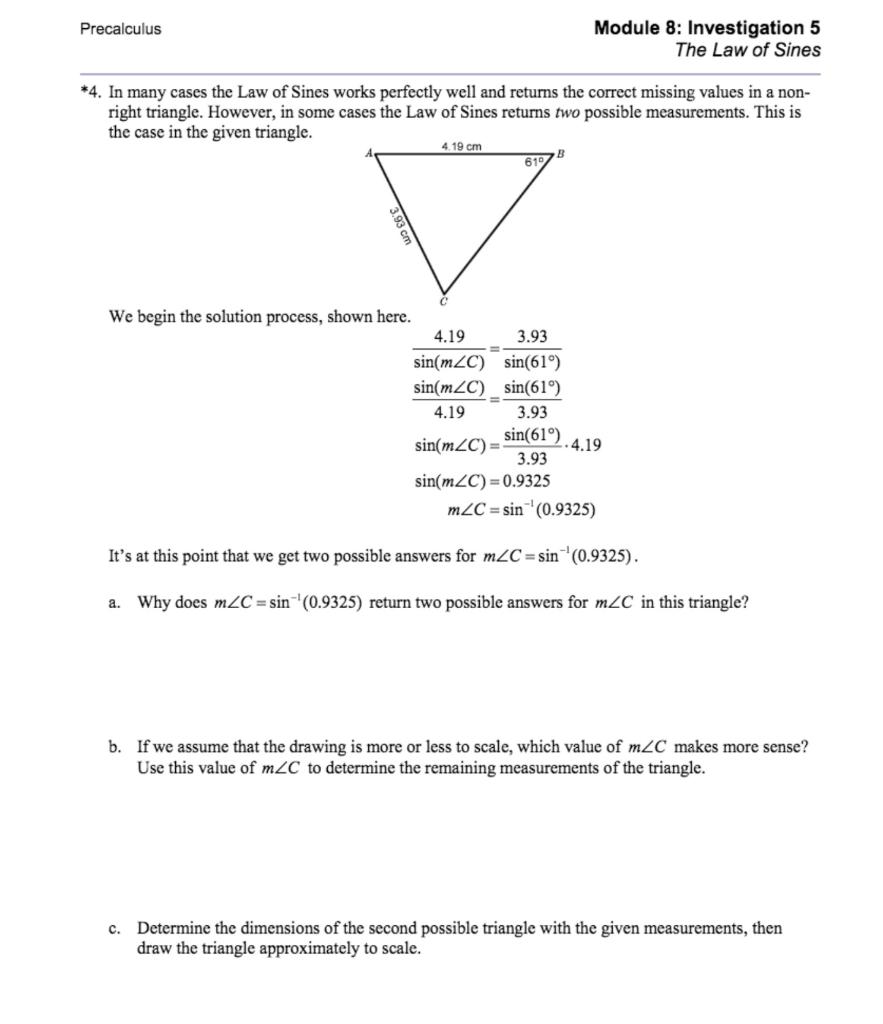 Solved Precalculus Module 8: Investigation 5 The Law of | Chegg.com