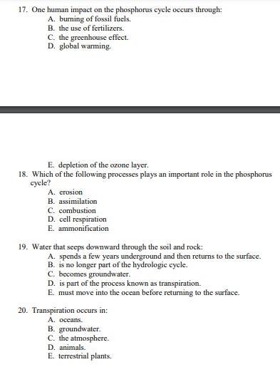 Solved 17. One human impact on the phosphorus cycle occurs | Chegg.com