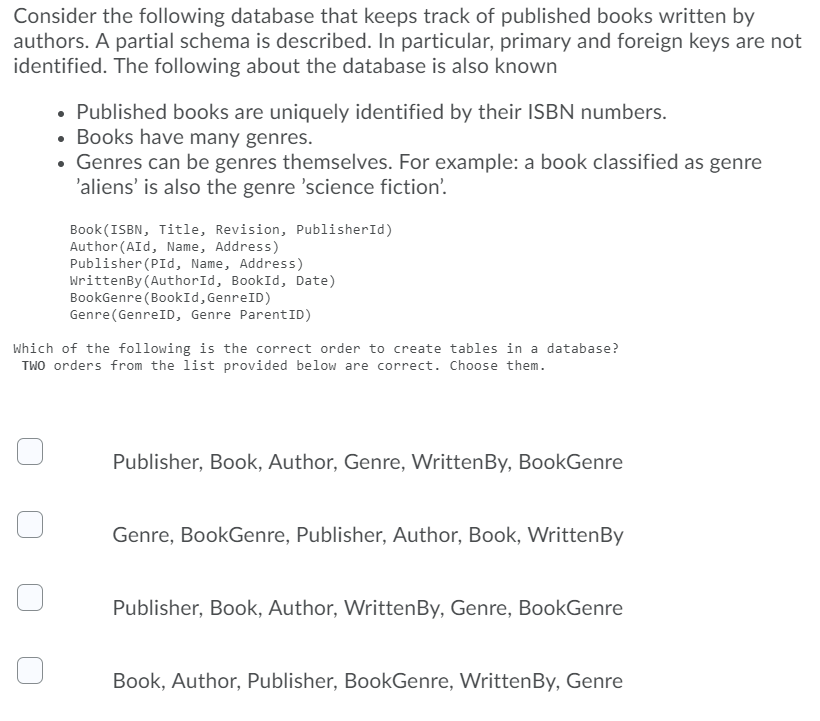 Solved Consider the following database that keeps track of | Chegg.com