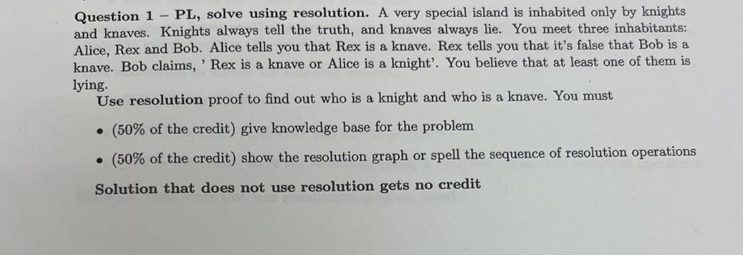 Solved Question 1 - PL, solve using resolution. A very | Chegg.com