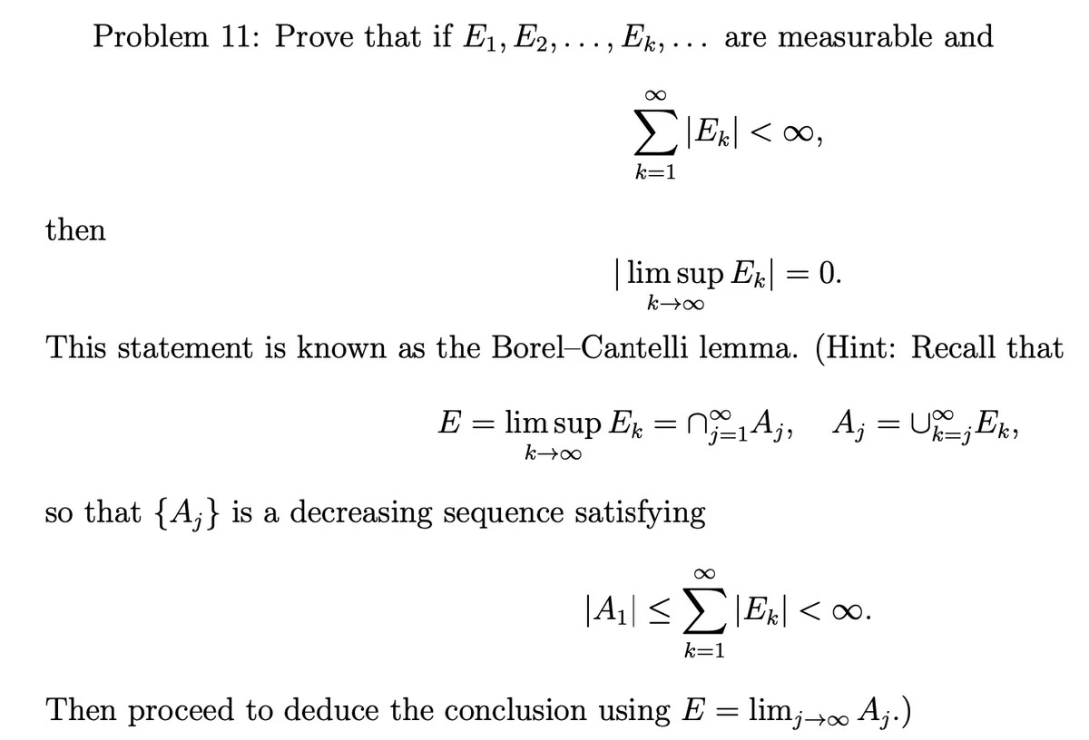 Solved Problem 11: Prove that if E1,E2,…,Ek,… are measurable | Chegg.com