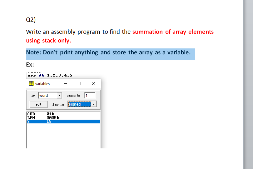 Solved Q2) Write an assembly program to find the summation | Chegg.com