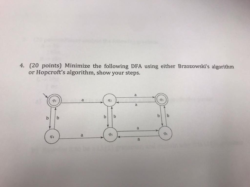 4. (20 points) Minimize the following DFA using | Chegg.com