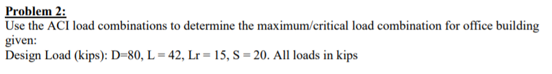 Solved Problem 2: Use the ACI load combinations to determine | Chegg.com
