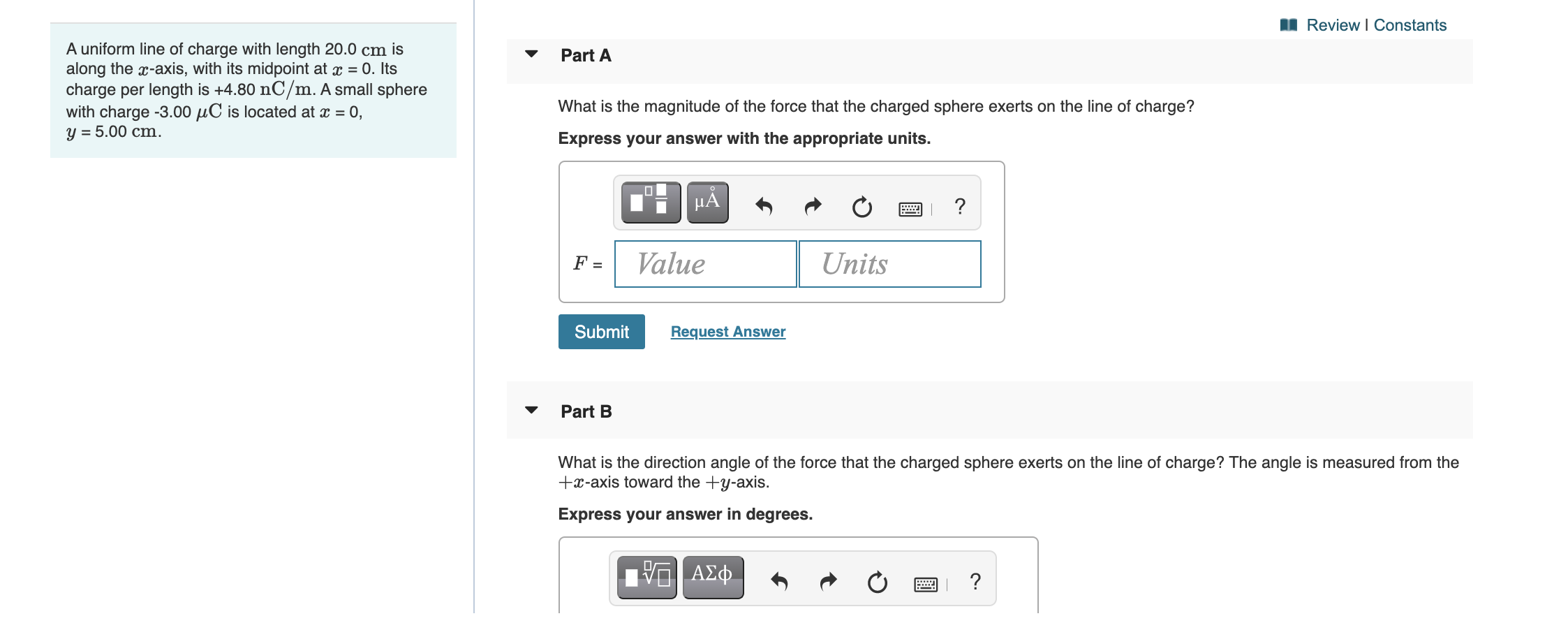 Solved Review | Constants Part A A uniform line of charge | Chegg.com