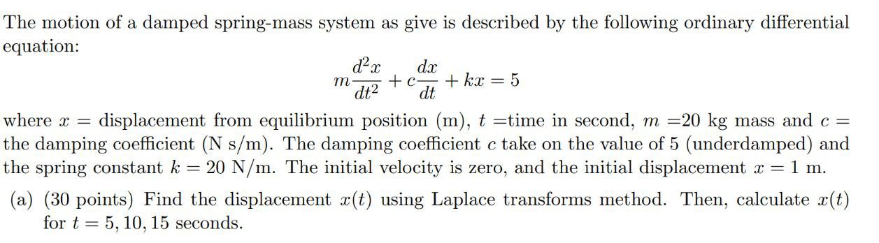 Solved helpThe motion of a damped spring-mass system as give | Chegg.com