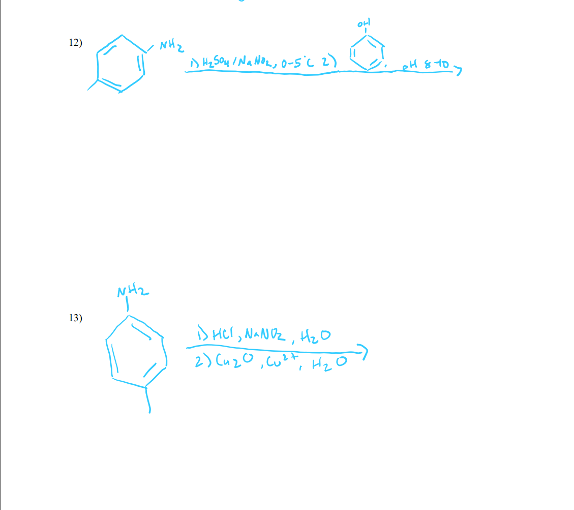 Solved 12) 1) H2SO4/NaNO2,0−5∘(2) 13) 2) Cu2O,Cu2+,H2O 1) | Chegg.com