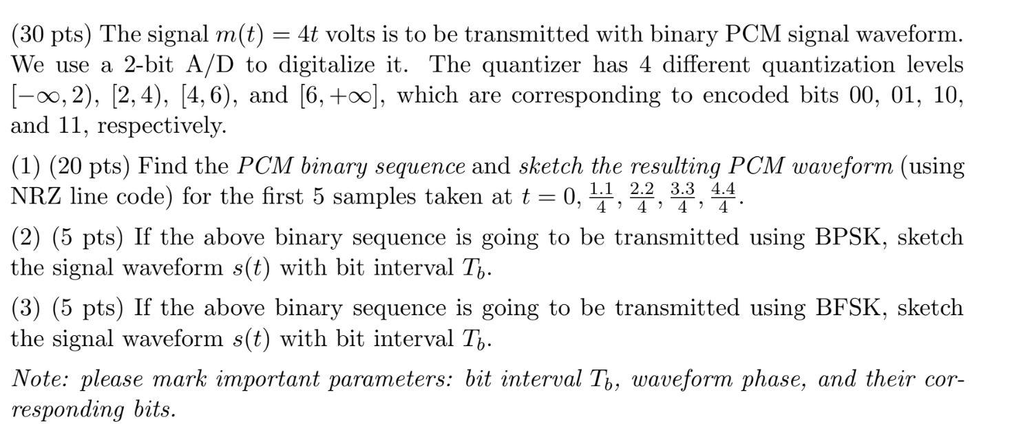 Solved (30 pts) The signal m(t) = 4t volts is to be | Chegg.com