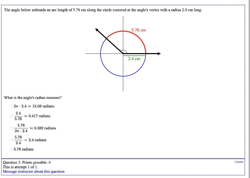 Solved The angle below subtends an arc length of 5.76 cm | Chegg.com
