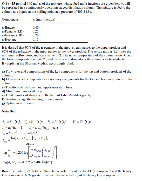 Solved Q-1) [35 points] 100 moles of the mixture, whose feed | Chegg.com