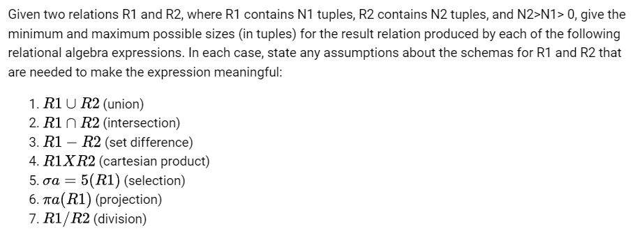 Solved Given two relations R1 and R2, where R1 contains N1 | Chegg.com