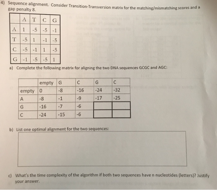 Solved 4) Sequence alignment. Consider | Chegg.com