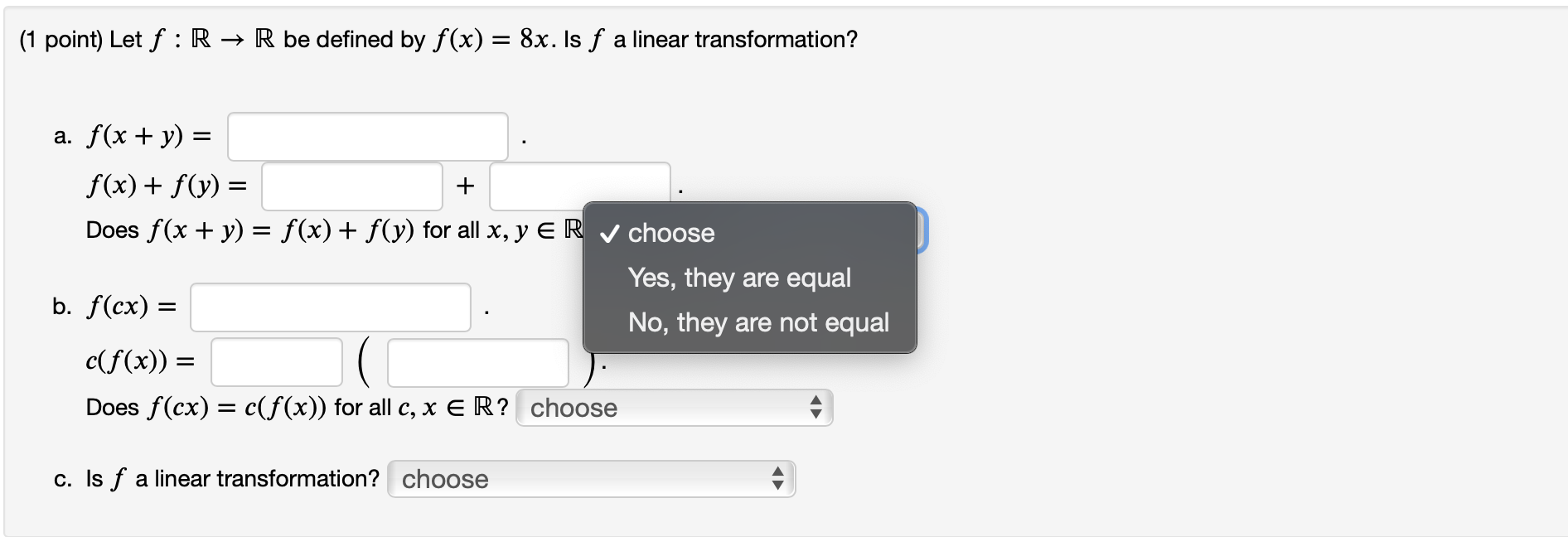 Solved (1 point) Let f:R → R be defined by f(x) = 8x. Is f a | Chegg.com