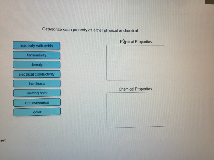 Solved Categorize each property as either physical or | Chegg.com