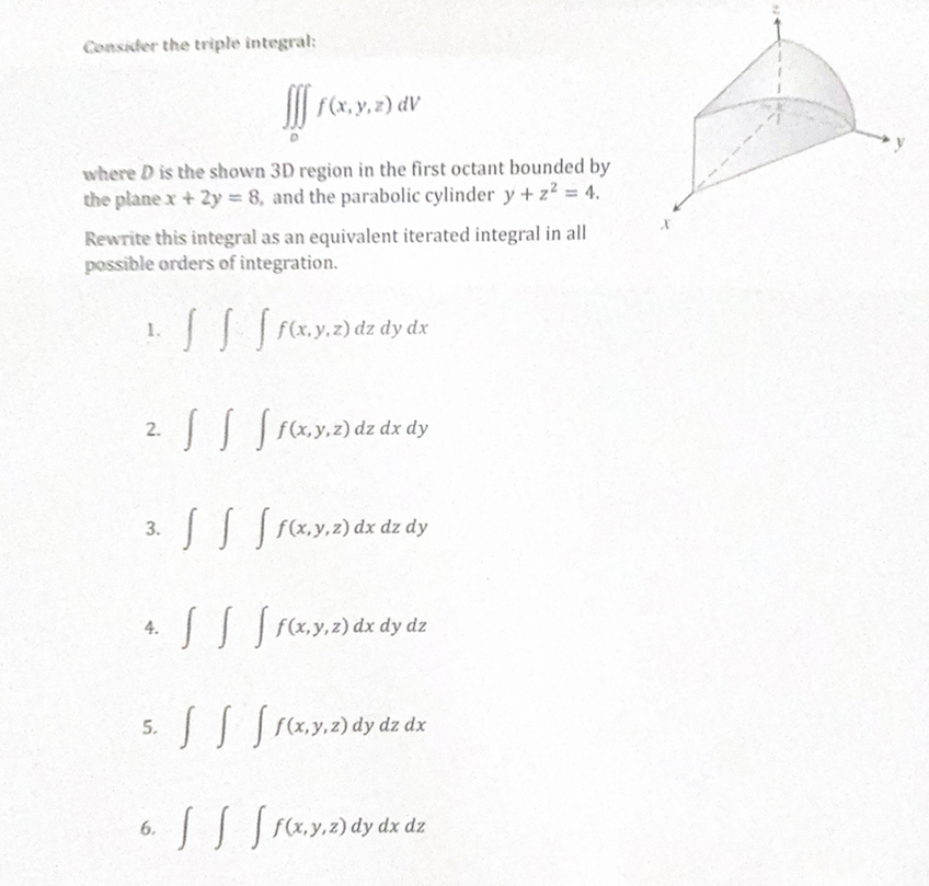 Solved Consider the triple integral:∭Df(x,y,z)dVwhere D is | Chegg.com