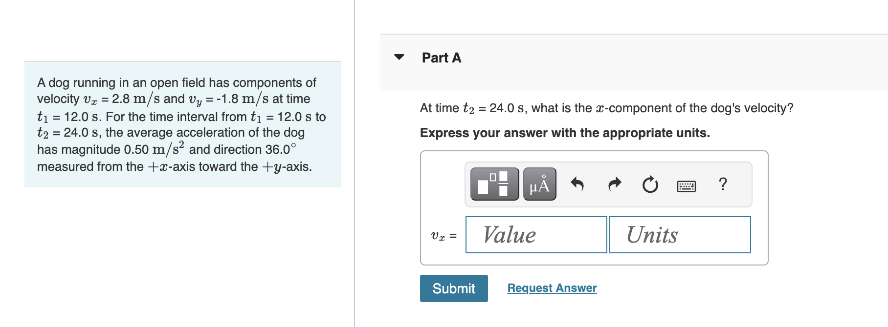 Solved A dog running in an open field has components of | Chegg.com