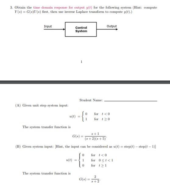 Solved 3. Obtain the time domain response for output y(t) | Chegg.com