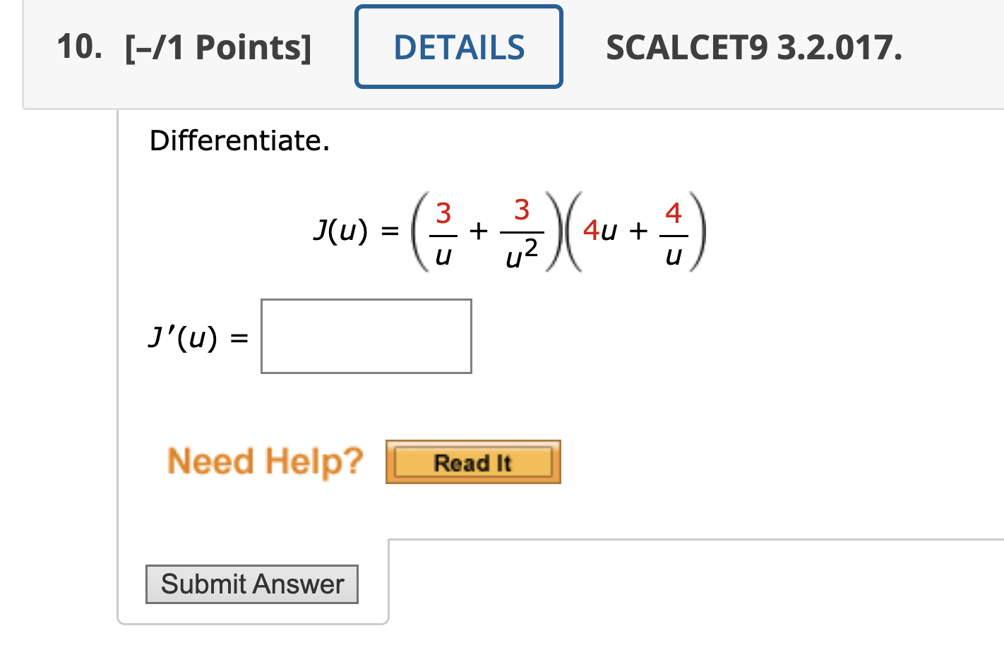 Solved -/1 Points] SCALCET9 3.2.017. Differentiate. | Chegg.com