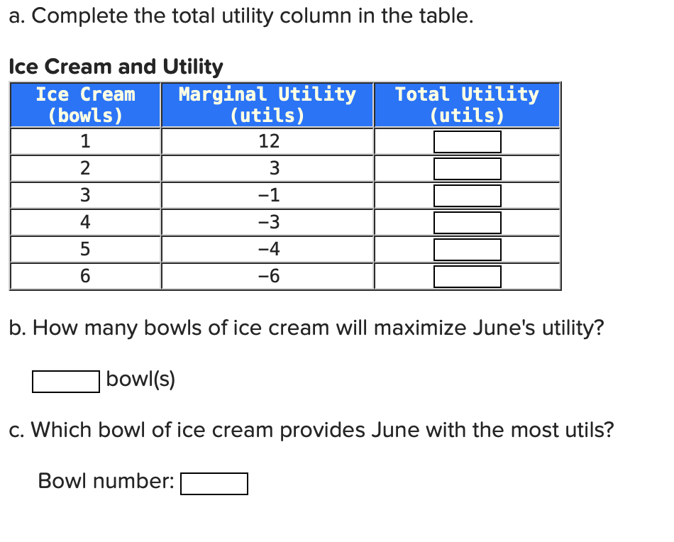 Solved a. Complete the total utility column in the table. | Chegg.com