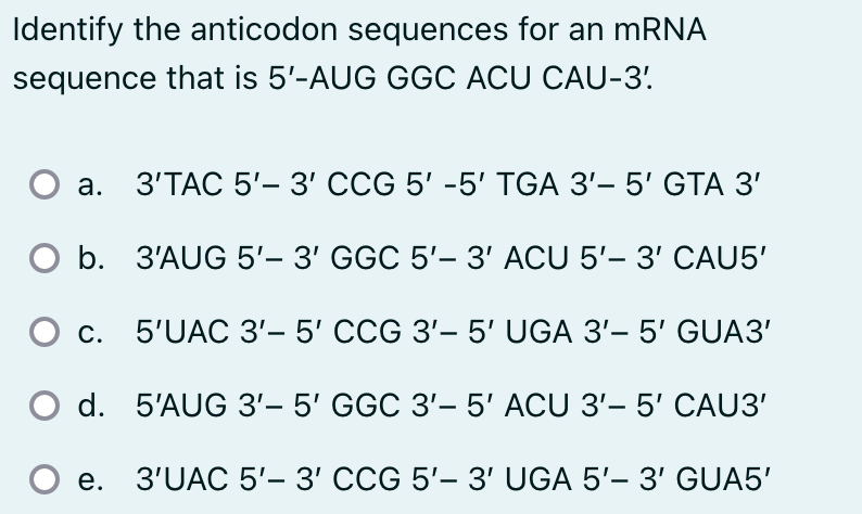 Solved Identify the anticodon sequences for an mRNA sequence | Chegg.com