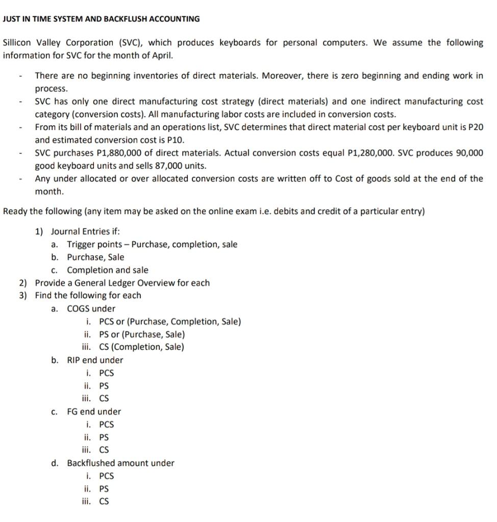 Solved JUST IN TIME SYSTEM AND BACKFLUSH ACCOUNTING Sillicon | Chegg.com