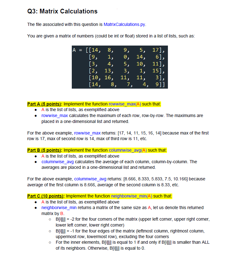 Solved Q3: Matrix Calculations The file associated with this | Chegg.com