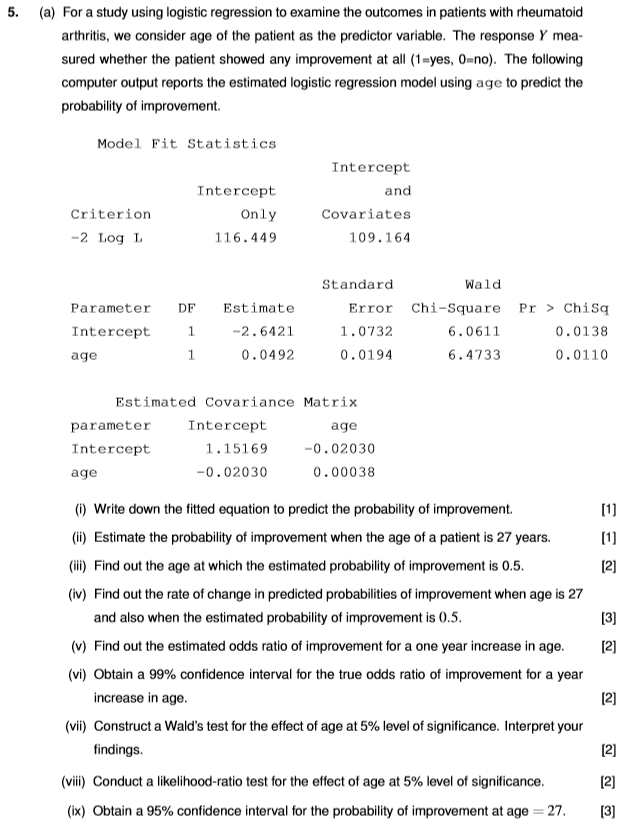 Solved 5. (a) For a study using logistic regression to | Chegg.com