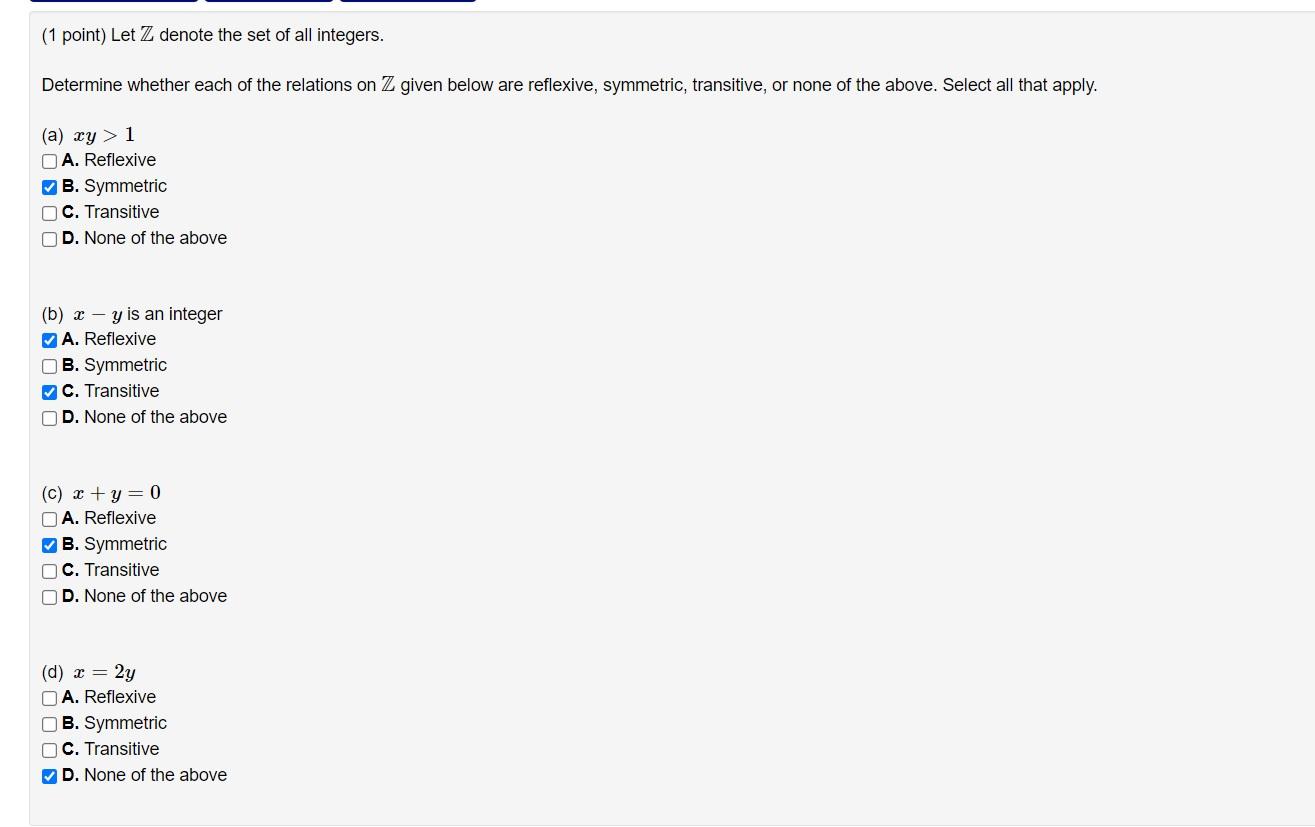 Solved (1 point) Let Z denote the set of all integers. | Chegg.com