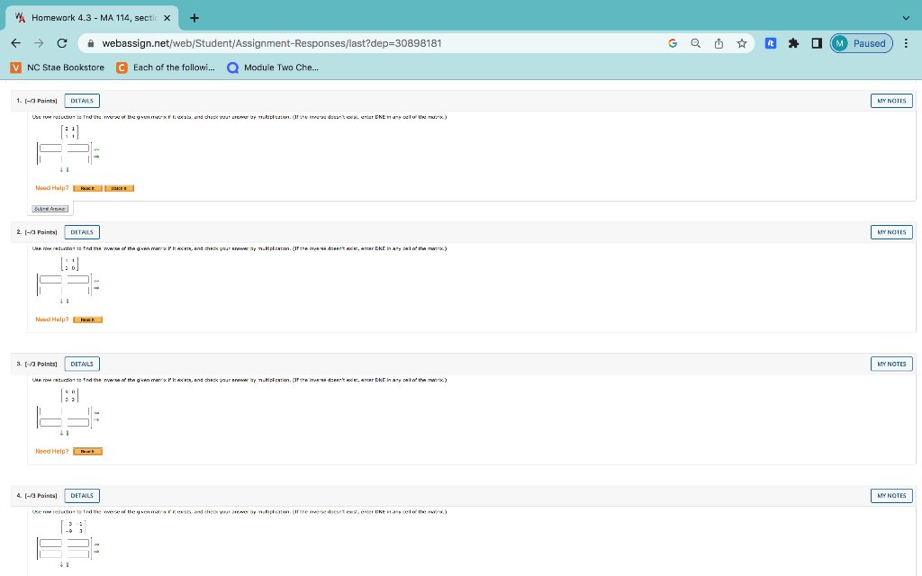 Solved Use row reduction to find the inverse of the given | Chegg.com